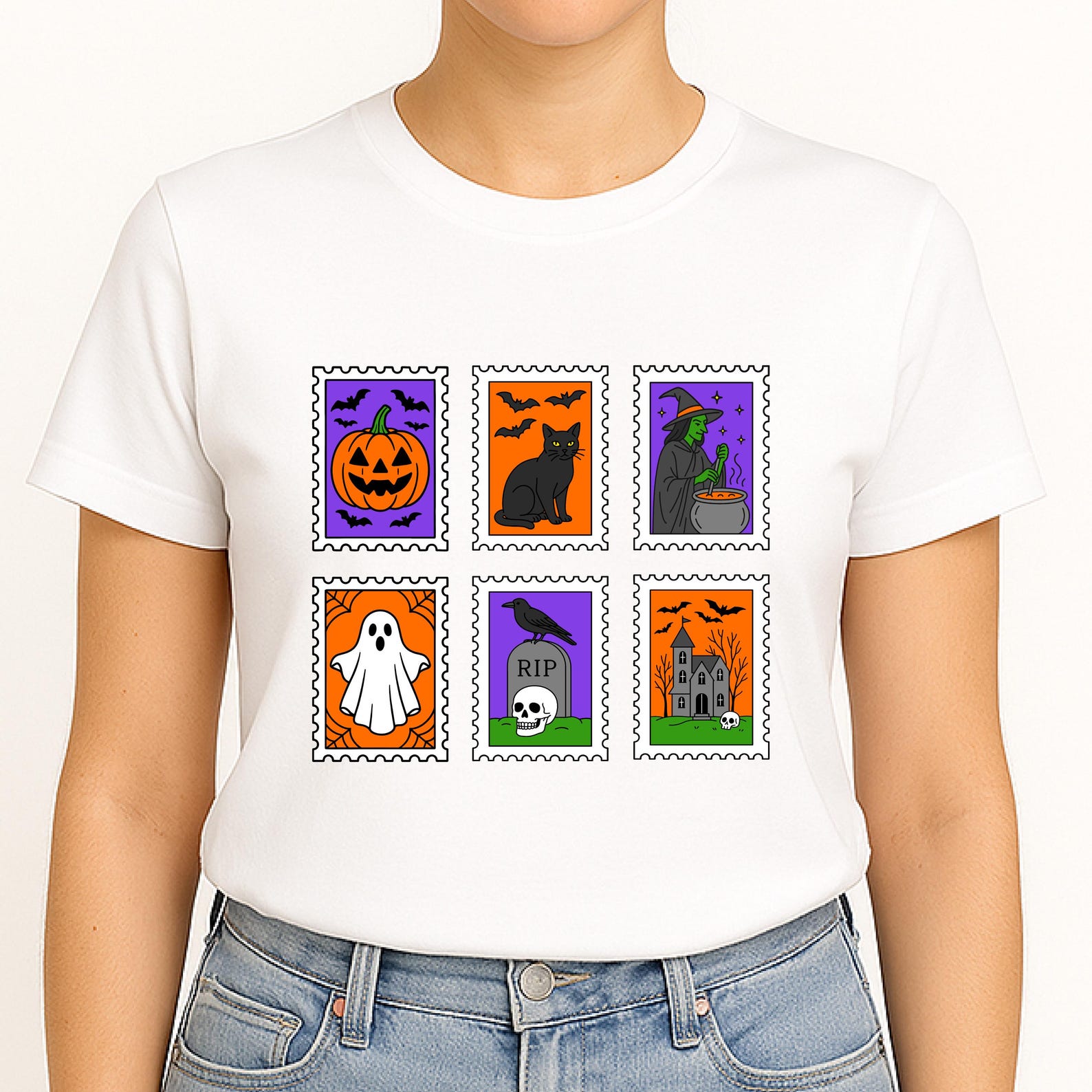 Halloween Postal Stamp Svg Png | Retro Witch Cat Ghost Bats Bundle ...