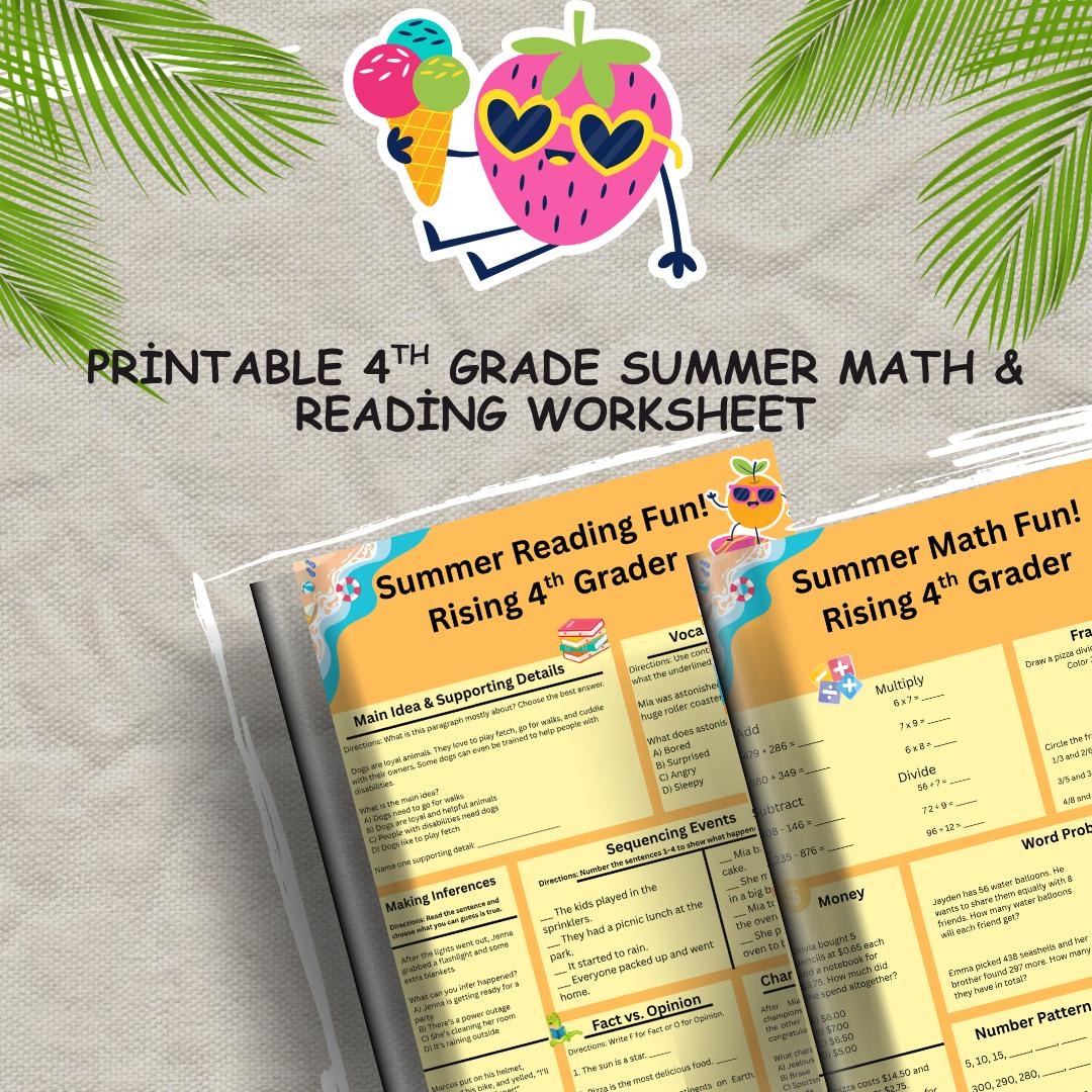 Summer 4th Grade Math & Reading Worksheets, Printable PDF, Digital ...