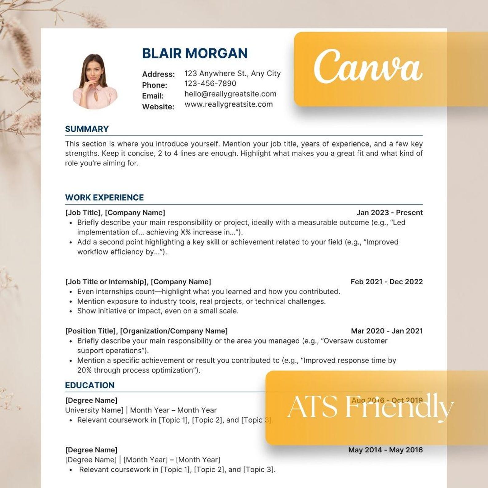 ATS Friendly Resume Template Academia Resume Full Page One Column ATS ...