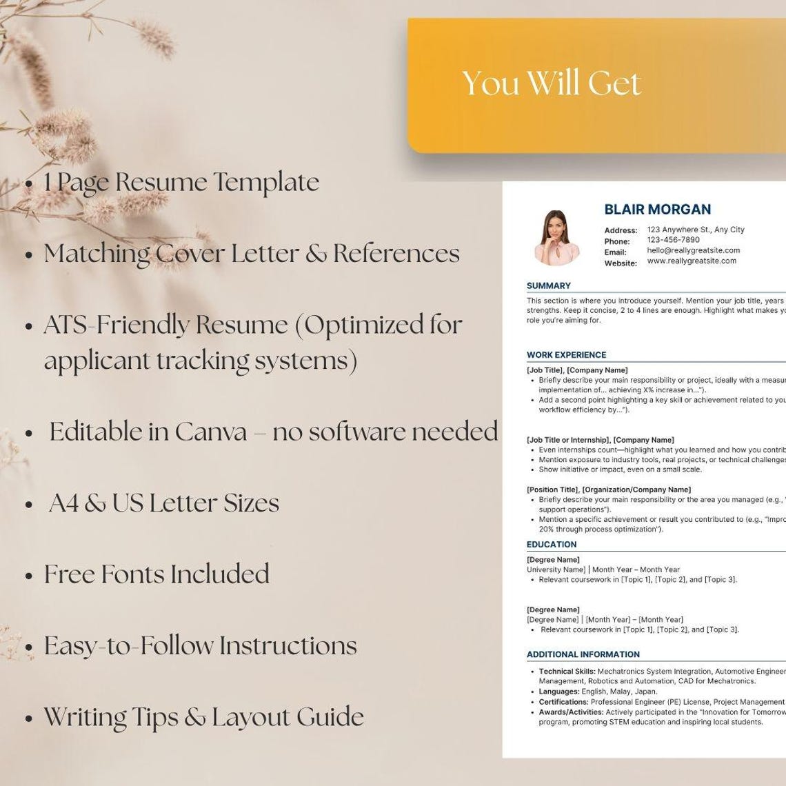 ATS Friendly Resume Template Academia Resume Full Page One Column ATS ...