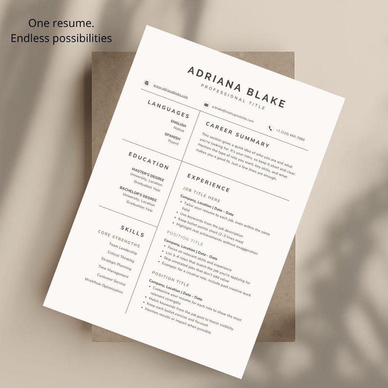 ATS Resume Template Canva, Minimalist & Ats-friendly CV, One Column ...