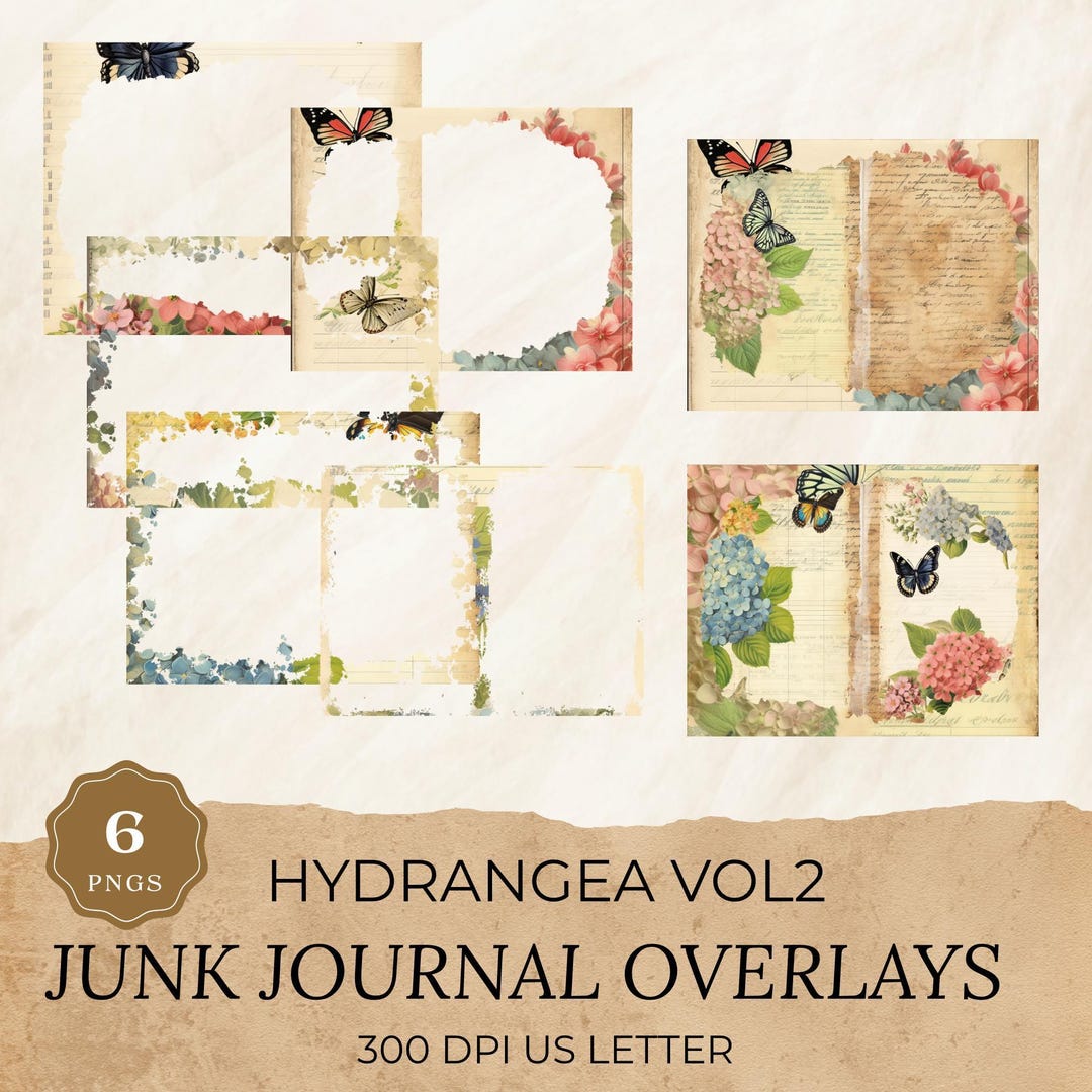 Junk Journal Page Overlay Border,hydrangea Butterfly Overlays PNG ...
