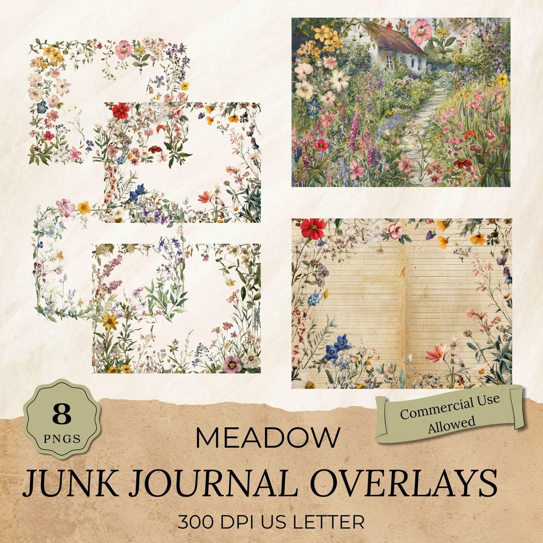 Junk Journal Page Overlay Border,set of Meadow Pngs, Floral US Letter ...