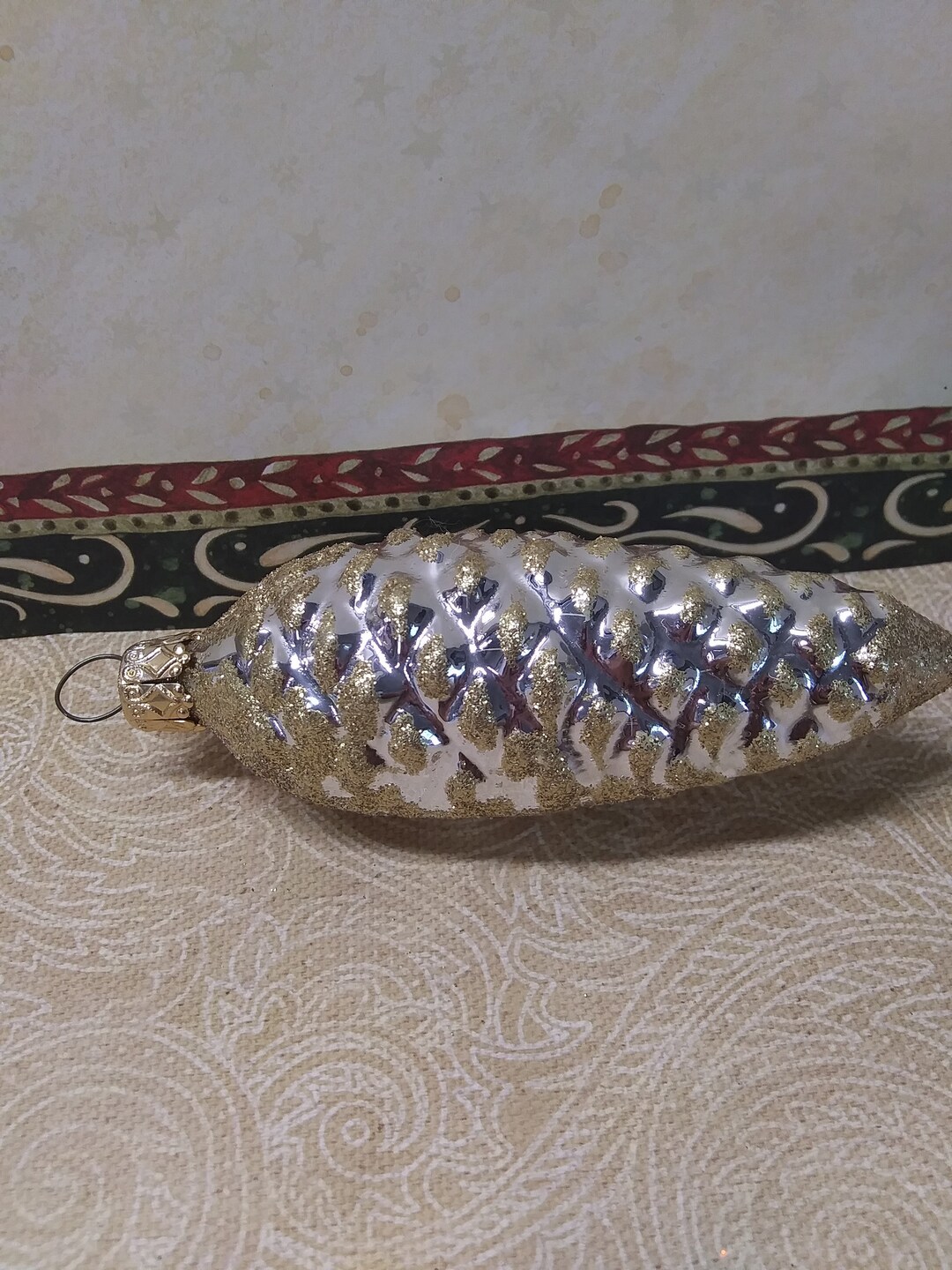 Vintage German Ornament, Silver Pine Cone, Gold Glitter - Etsy