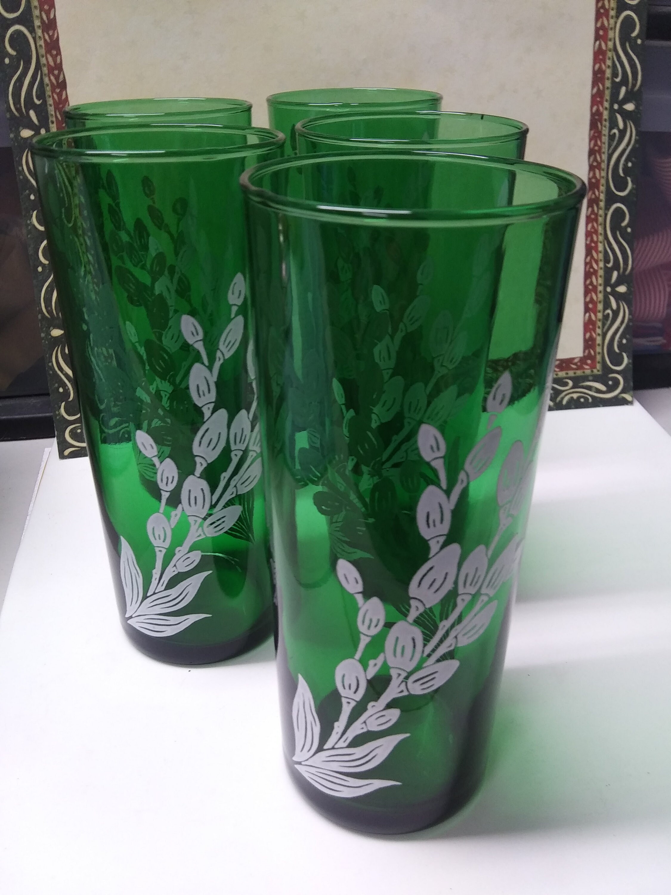 Vintage Drink Glass Set 5, 1950's Christmas Green With White Pussy ...