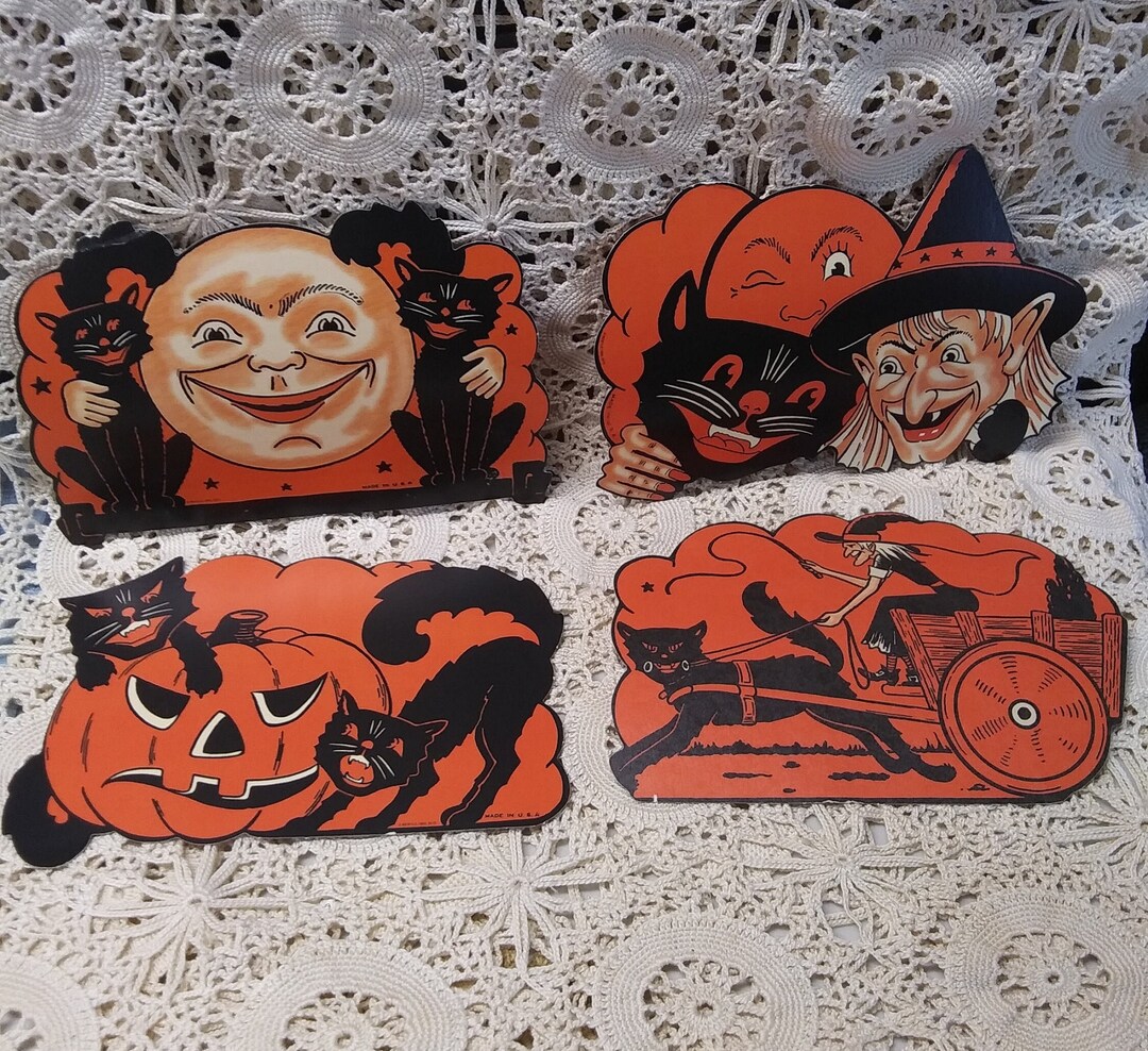 Halloween Diecut Lot, Witches, Cats, Pumpkins Set of 4, Reproductions ...