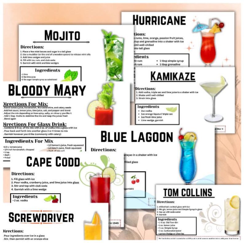 30 Cocktail Recipe Cards: Printable Drink Guide (PDF Download) - Etsy