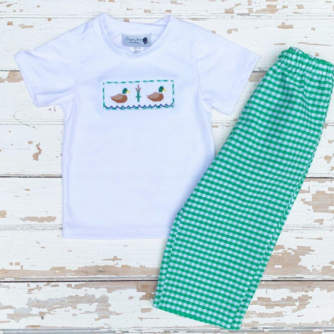 Boys Smocked Mallard Duck Knit Shirt and Green Gingham Pants Set Hand ...