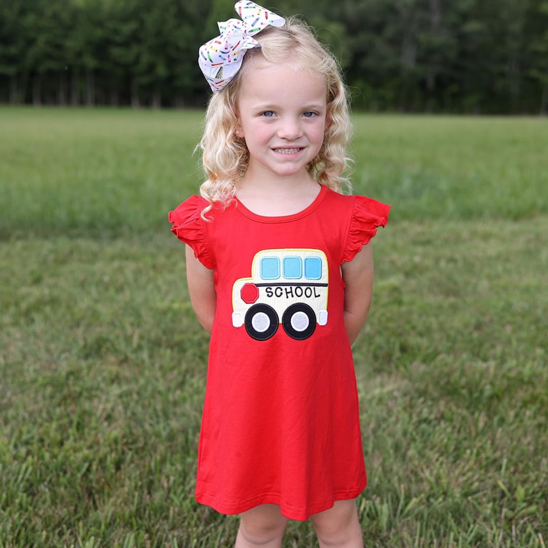Girls School Bus Knit Dress Back to School Red With Yellow Gingham Bus ...