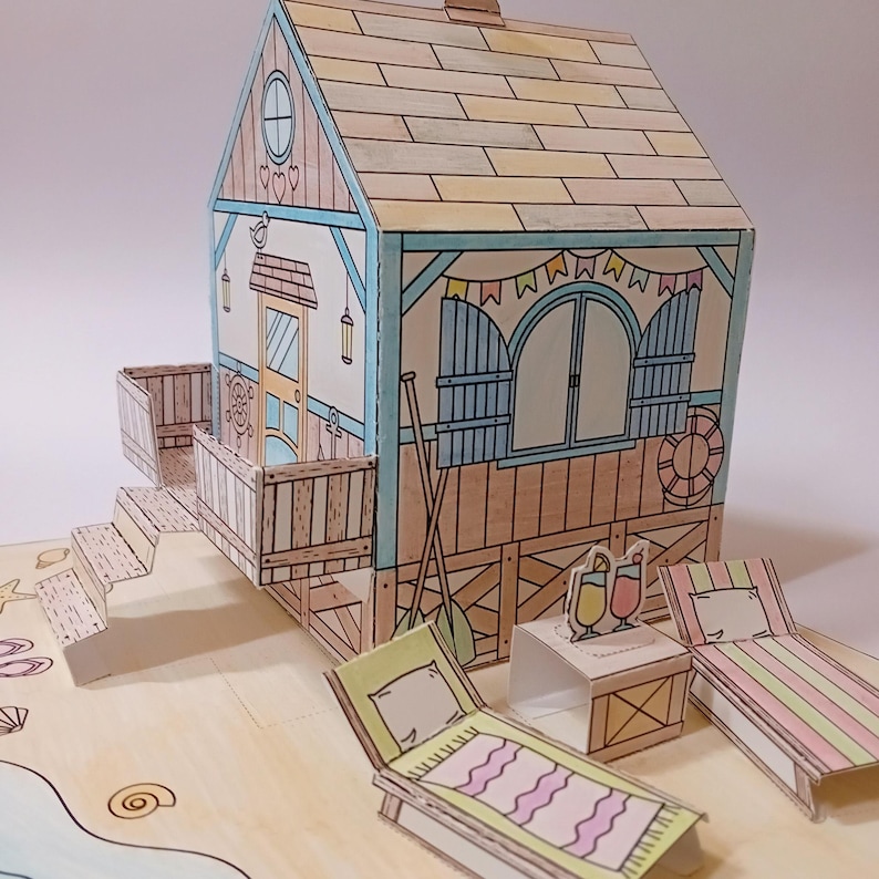 3D Paper Beach Cottage Template: Seaside Coloring Craft (PDF Download ...