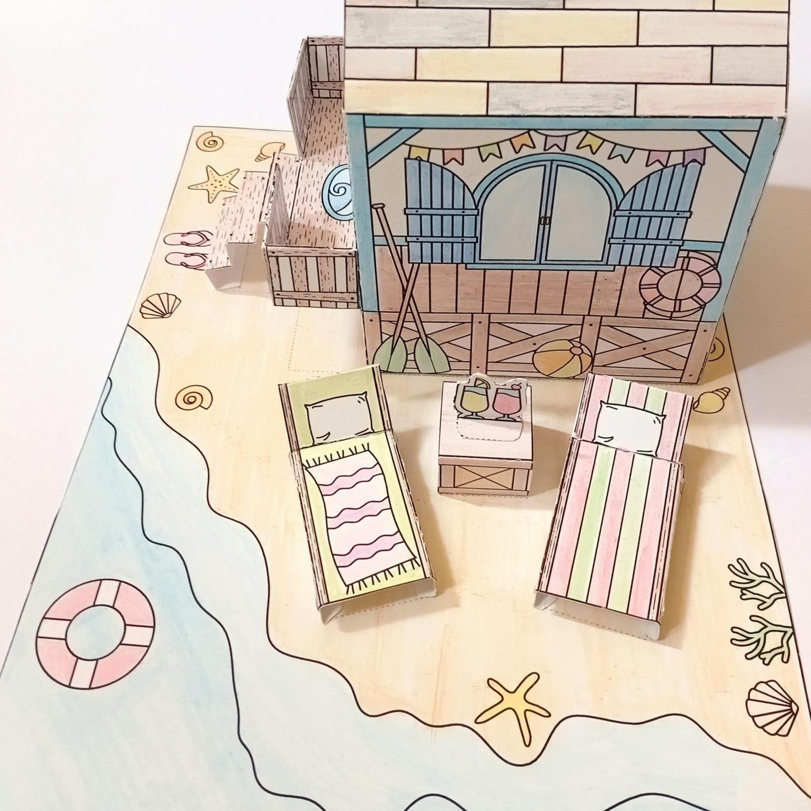 3D Paper Beach Cottage Template: Seaside Coloring Craft (PDF Download ...
