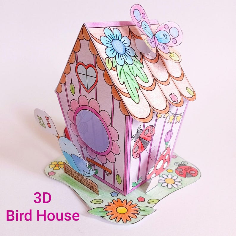 Printable 3D Paper Birdhouse Template: Spring Craft Activity (PDF ...