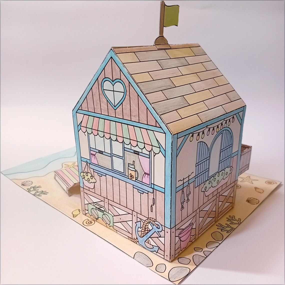 3D Paper Beach Cottage Template: Seaside Coloring Craft (PDF Download ...