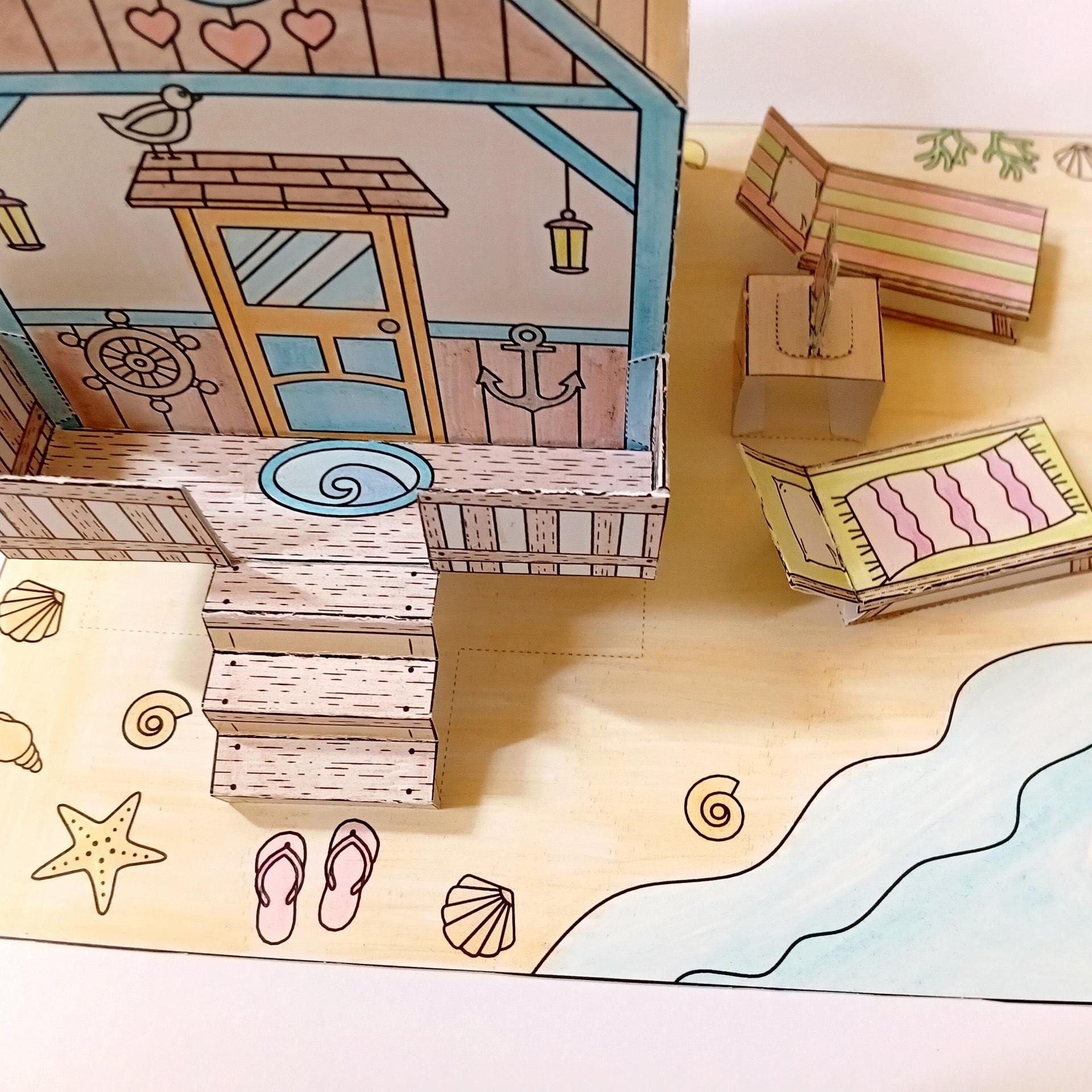 3D Paper Beach Cottage Template: Seaside Coloring Craft (PDF Download ...
