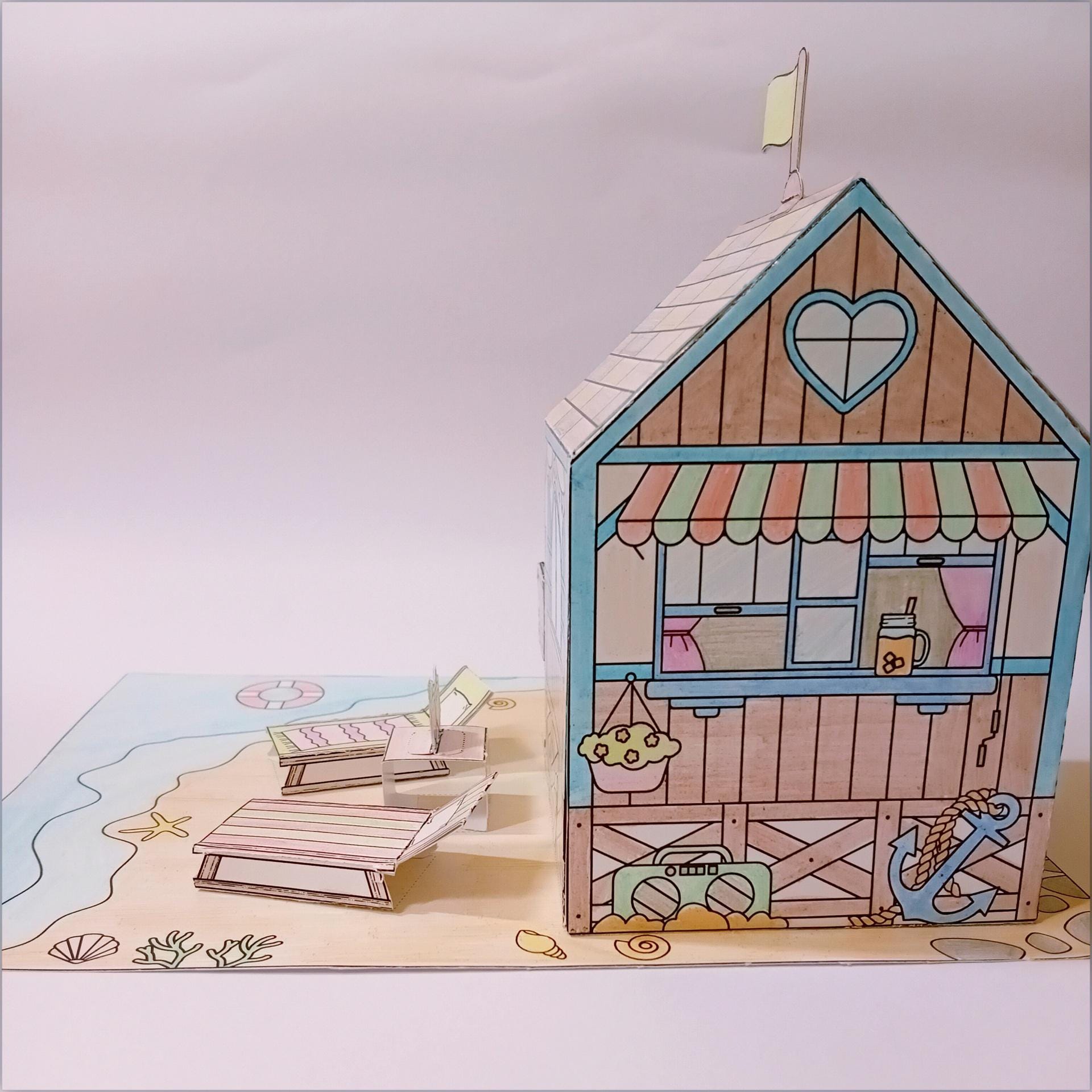 3D Paper Beach Cottage Template: Seaside Coloring Craft (PDF Download ...
