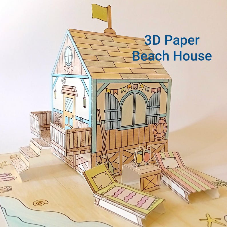 3D Paper Beach Cottage Template: Seaside Coloring Craft (PDF Download ...