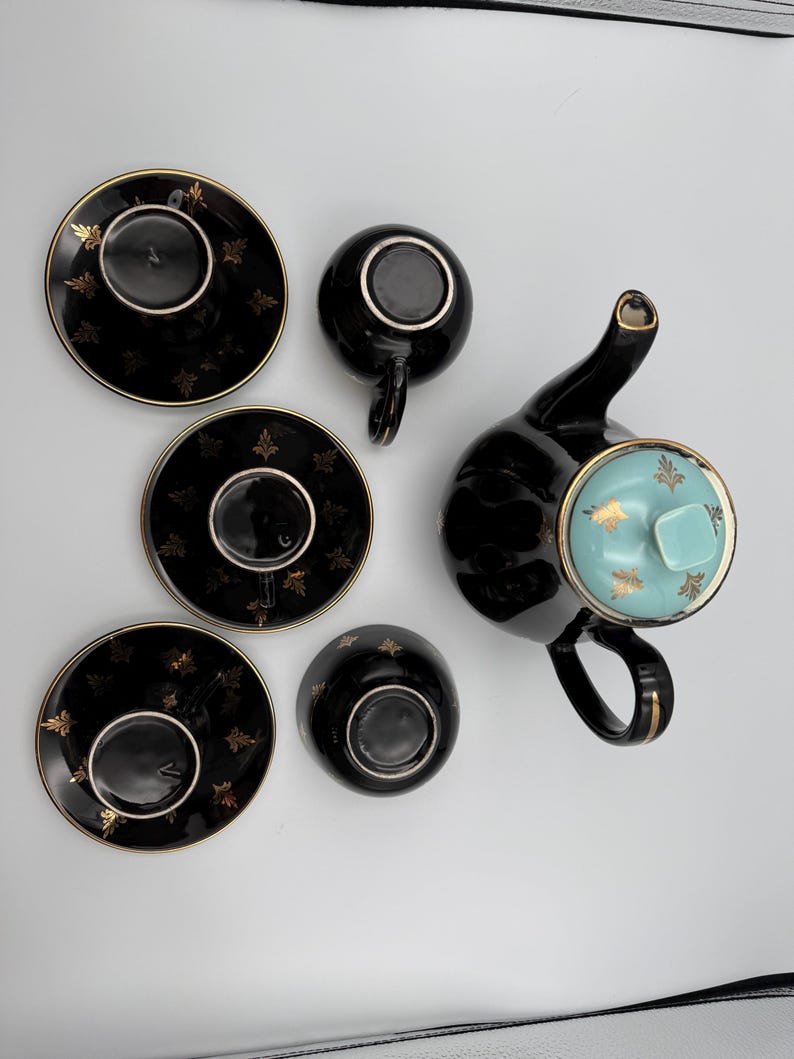 Vintage English Harlequin Espresso Set – Black & Gold With Jewel-tone ...