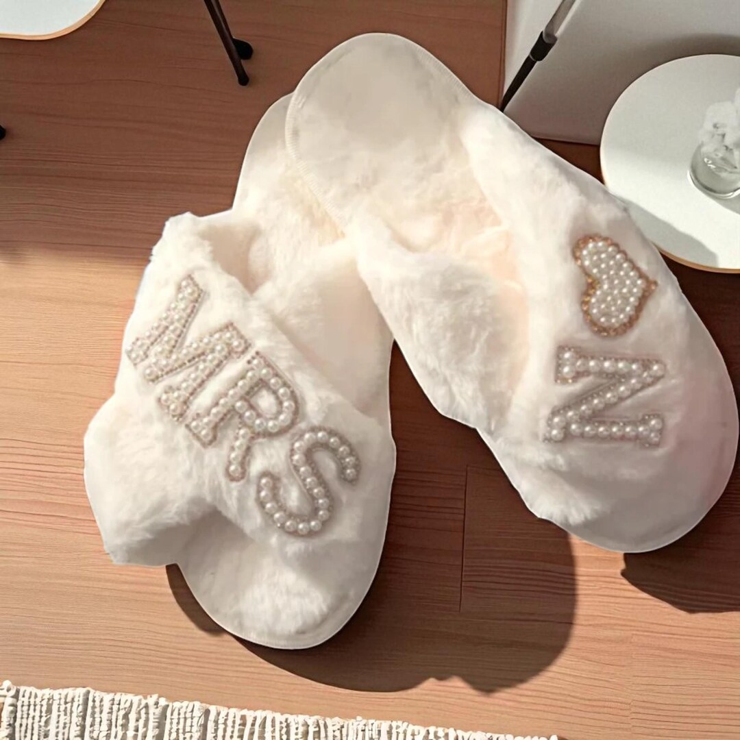 Custom MRS Gold Pearl Letter Slippers – Soft Open-toe Bride Slides ...