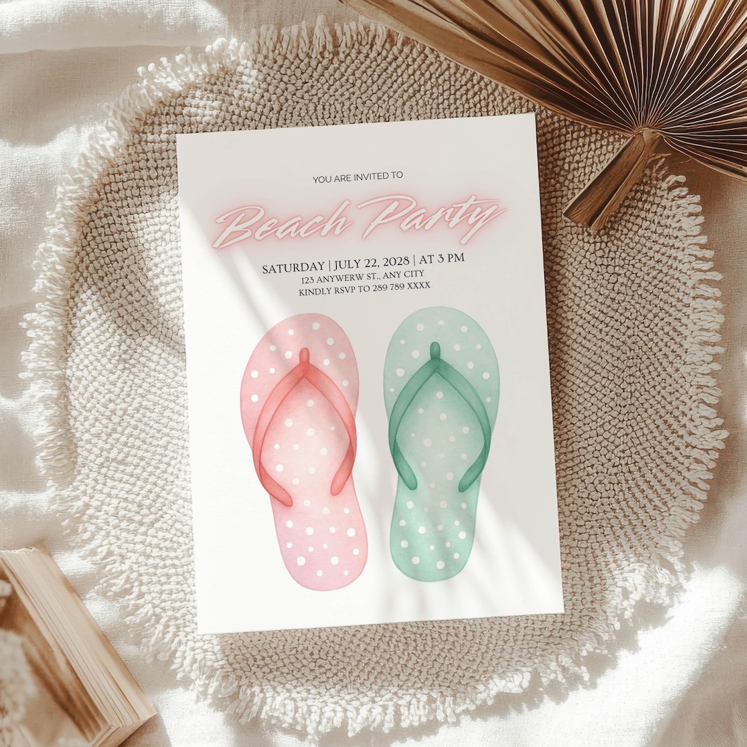 Pink & Green Flip Flop Beach Party Invitation: Tropical Canva Template ...