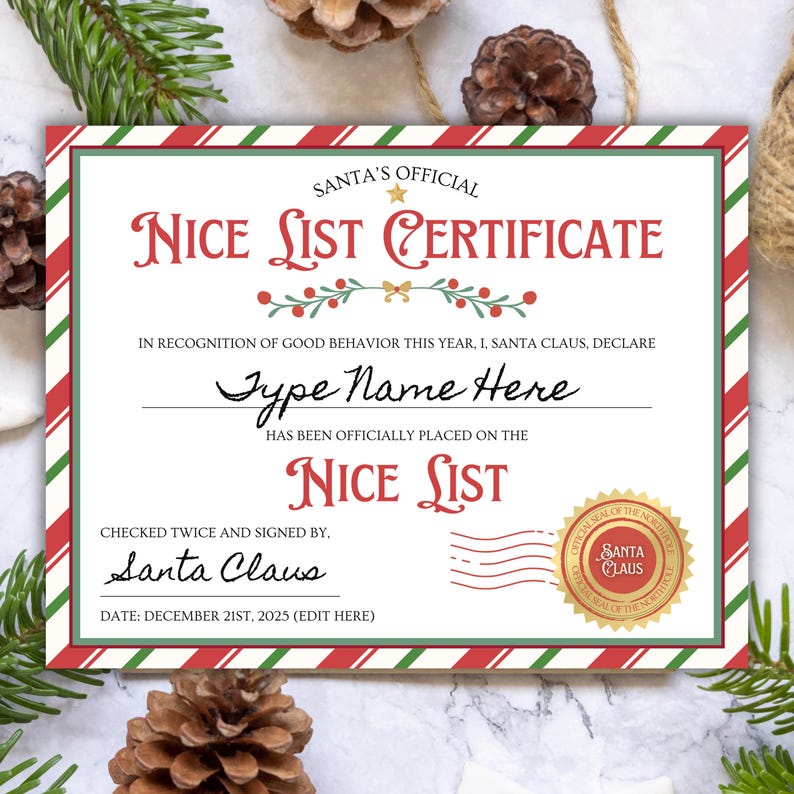 Santa Nice List Certificate Printable | Editable Canva Christmas ...