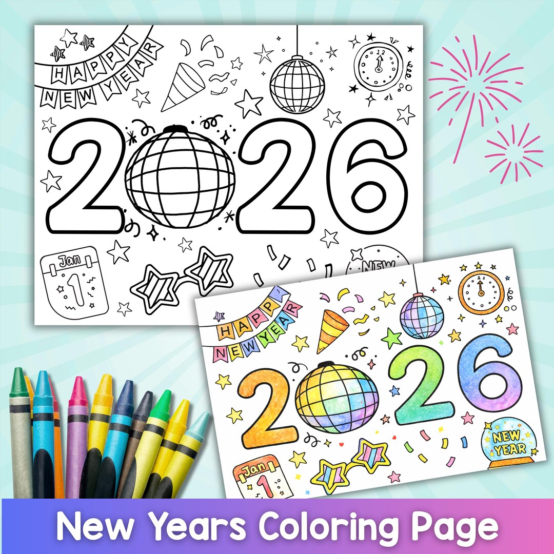 Coloriage du nouvel an 2026, feuille de coloriage Happy New Year ...