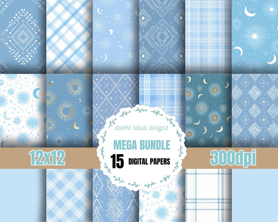 15 Blue Boho Digital Paper Pack | Tribal, Sun & Moon, Gingham | 12x12 ...