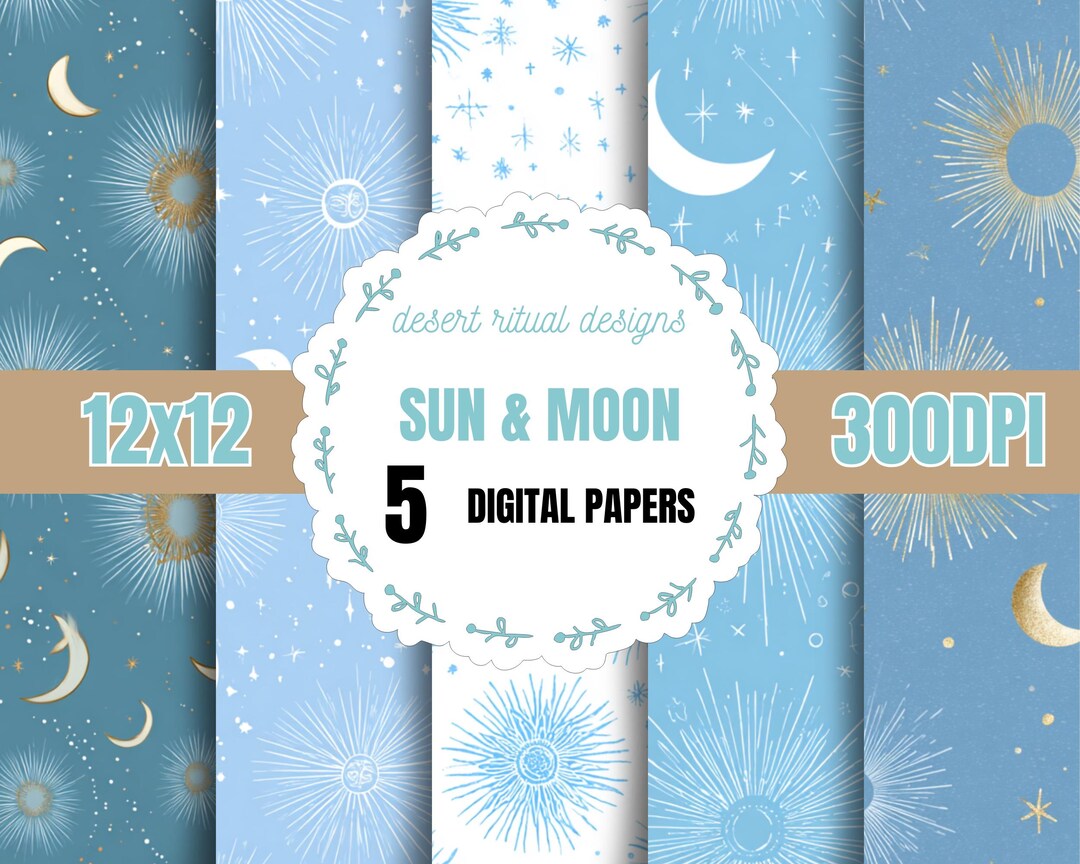 Sun and Moon Digital Paper Pack | Celestial Boho Blue Gold Starry Sky ...