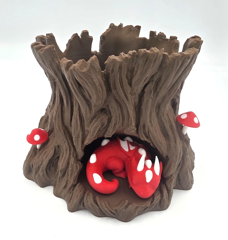 3D Printed Sleeping Dragon in Tree Trunk With Mushrooms Planter - Etsy