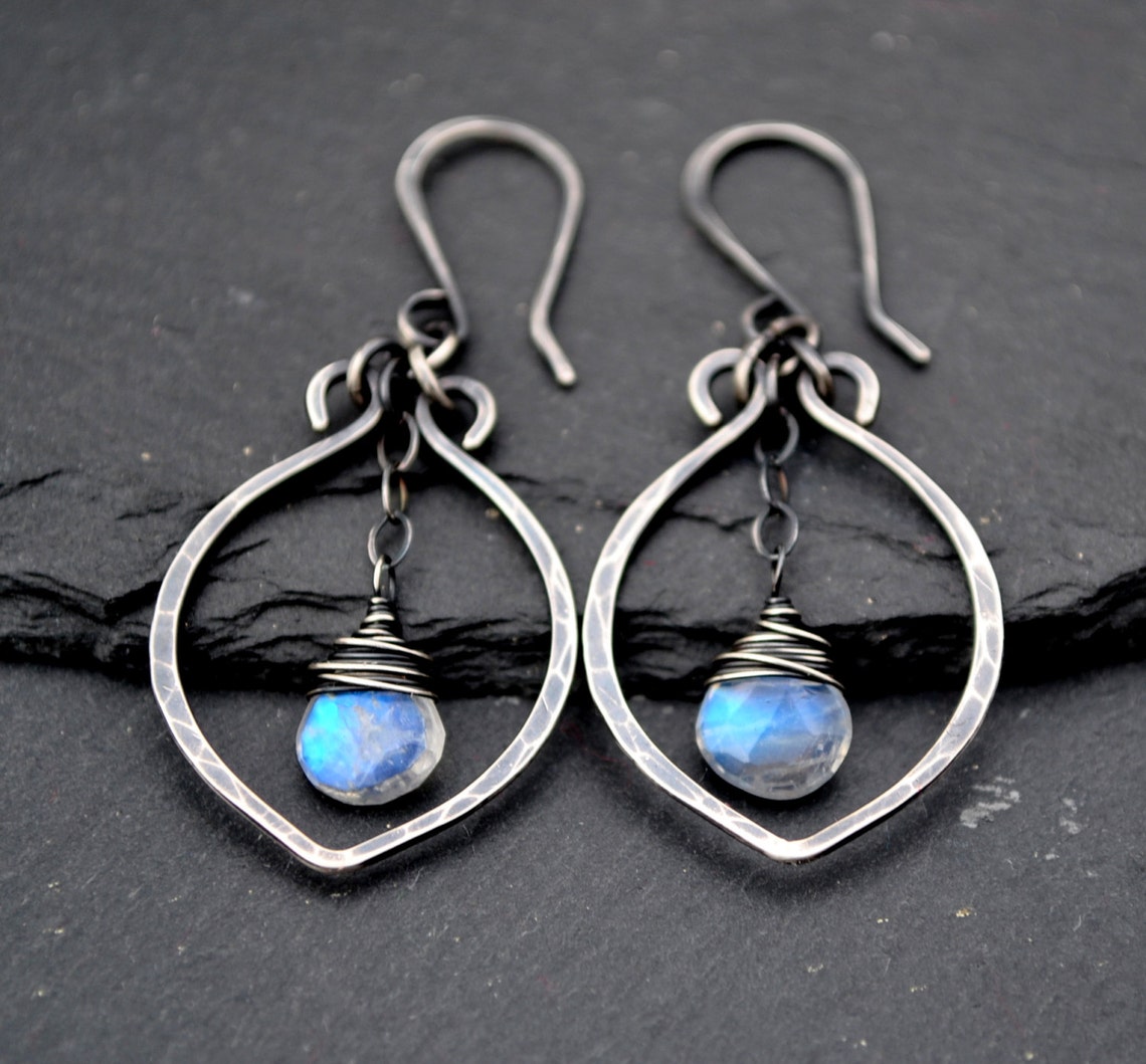 Rainbow Moonstone Earrings Petite Hammered Sterling Silver - Etsy