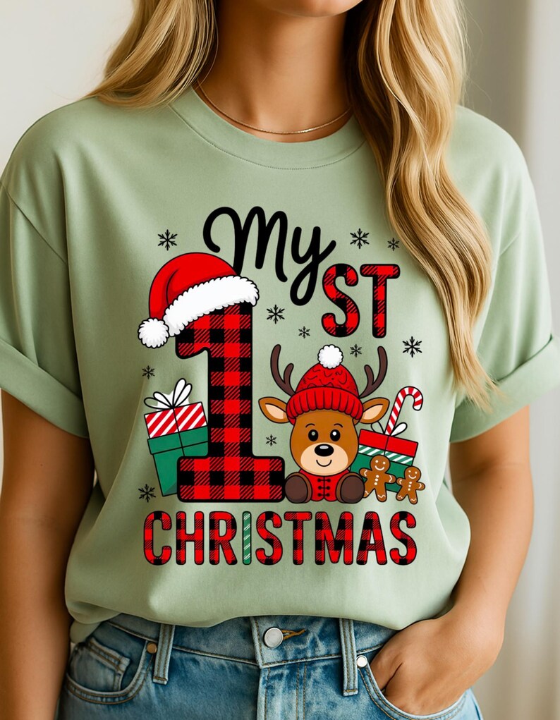 My 1st Christmas PNG: Buffalo Plaid Reindeer, Santa Hat (digital ...