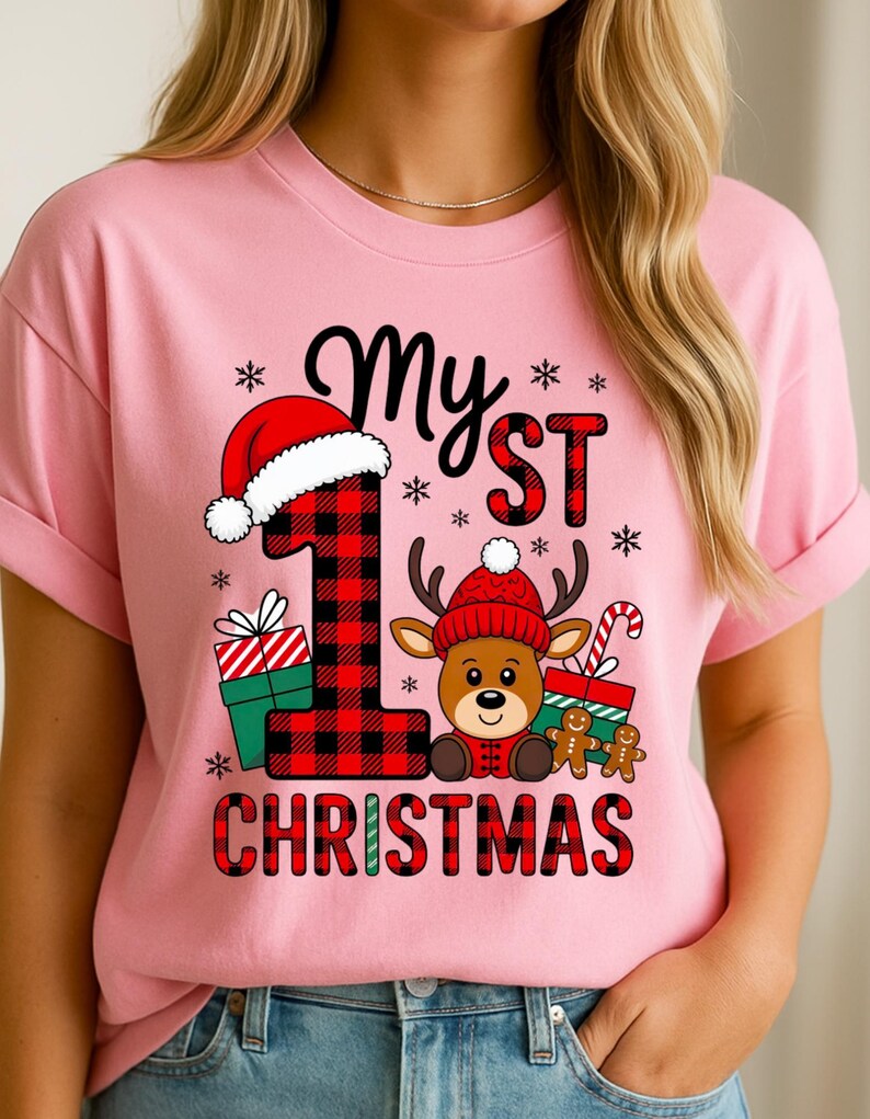 My 1st Christmas PNG: Buffalo Plaid Reindeer, Santa Hat (digital ...