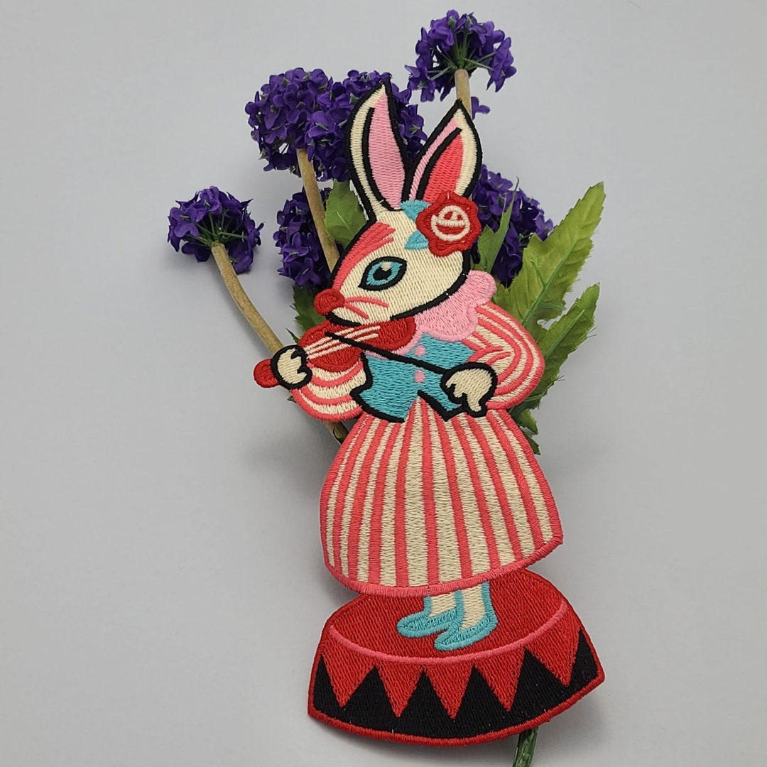 Cute Pink Violin Bunny Embroidery Sew on Applique Patches DIY Sewing ...