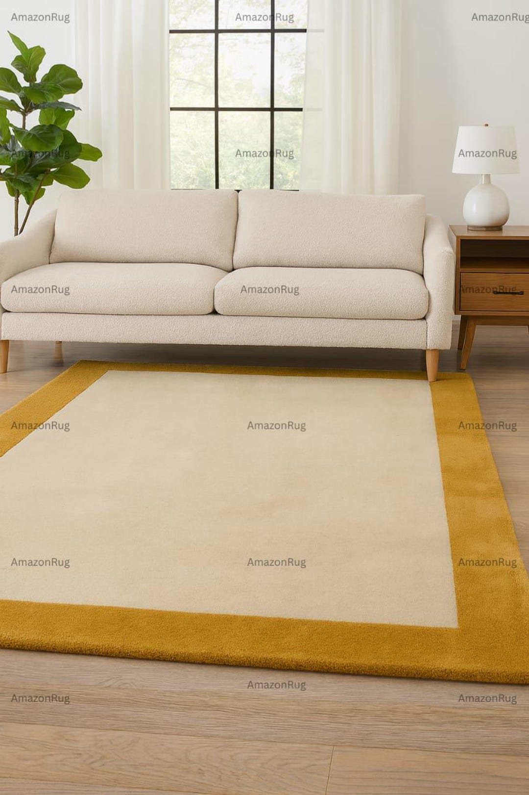 Modern Cream Rug – Mustard Yellow Border, Minimalist Carpet - Etsy