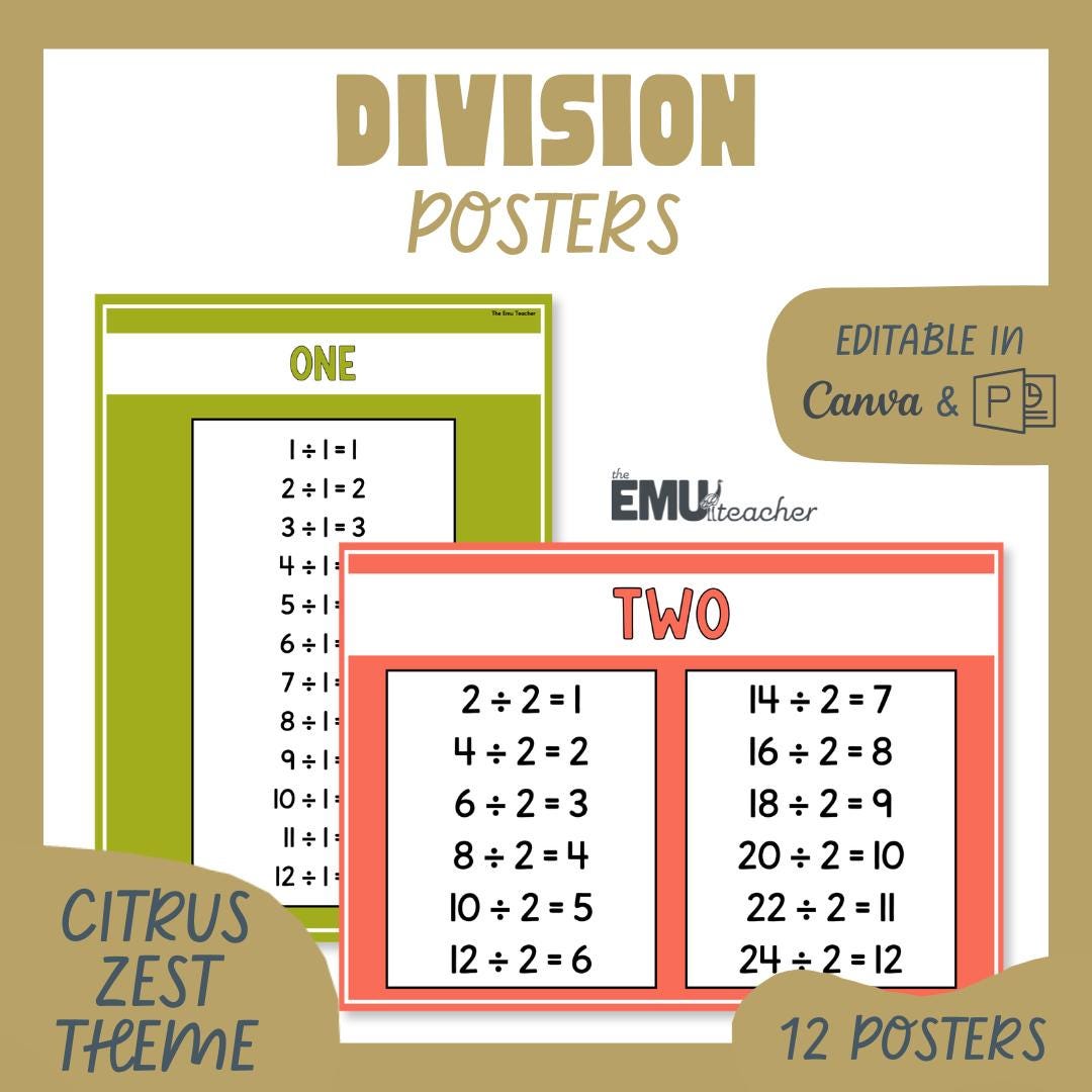 Division Facts Posters 1-12 Fact Fluency Charts Citrus Zest - Etsy UK
