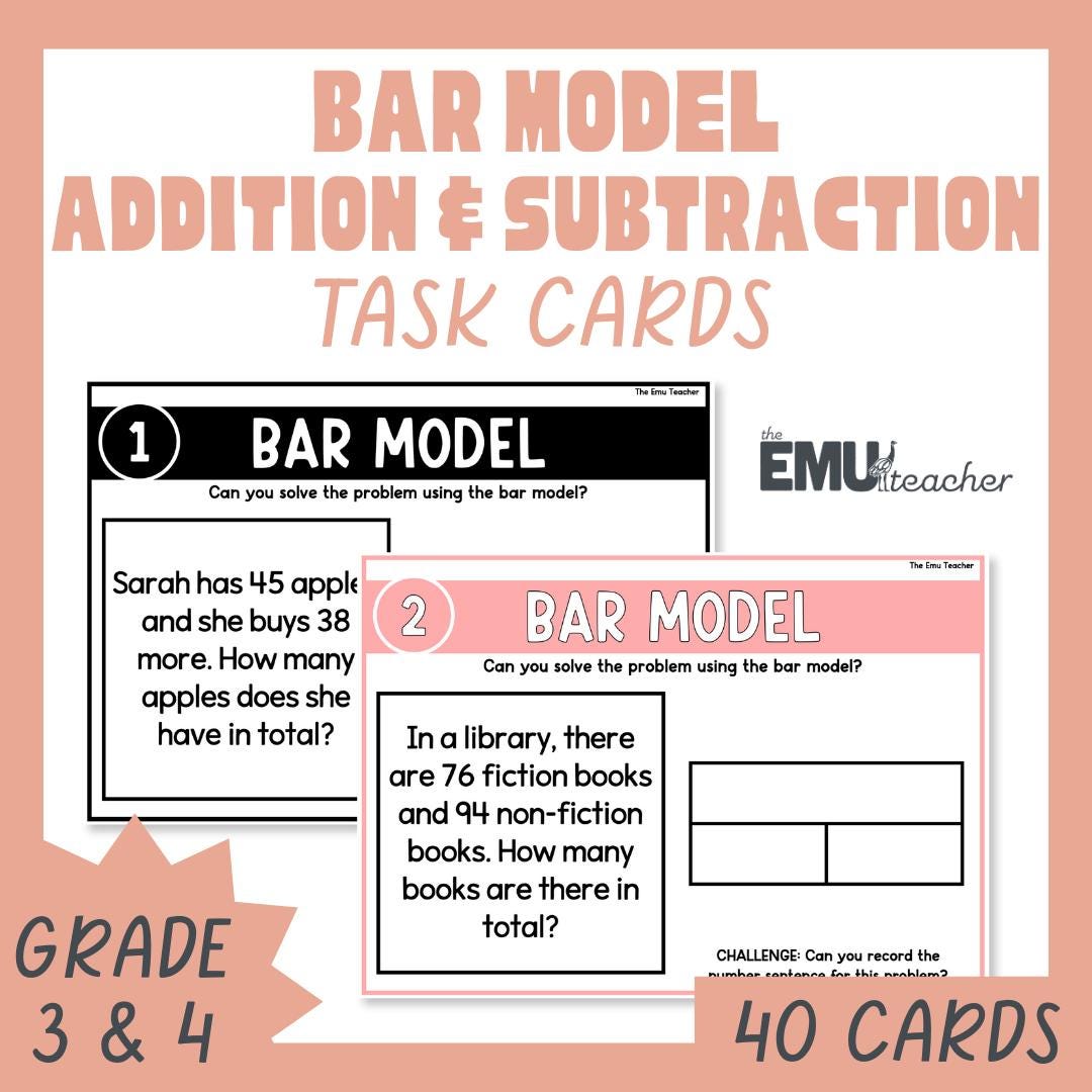 Addition & Subtraction Word Problems: Bar Model Task Cards (digital ...
