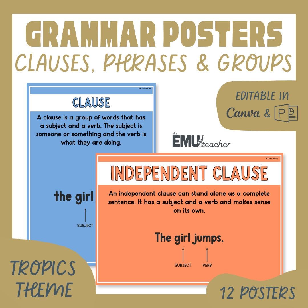 Grammar Posters Clauses Phrases & Groups Improve Sentence Structure ...