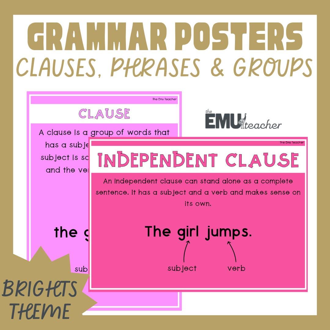 Grammar Posters Brights Clauses, Phrases and Groups Improve Sentence ...