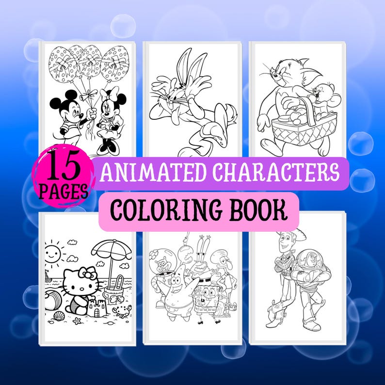 15 Pages Animated Characters Coloring Book for Kids - Fun Printable ...