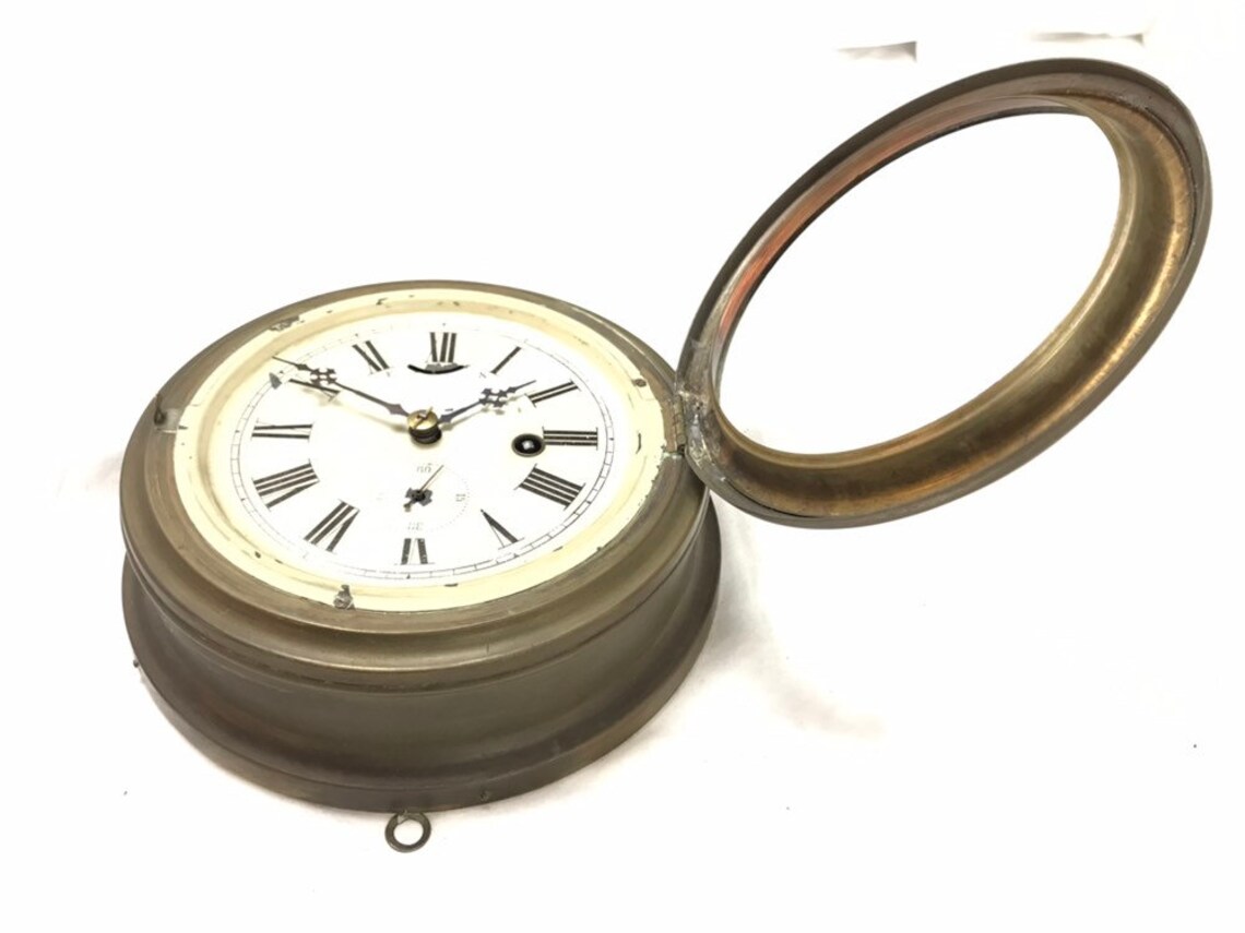 Antique Welch Bismarck Lever Marine Clock Brass Cased Paper Label Back ...