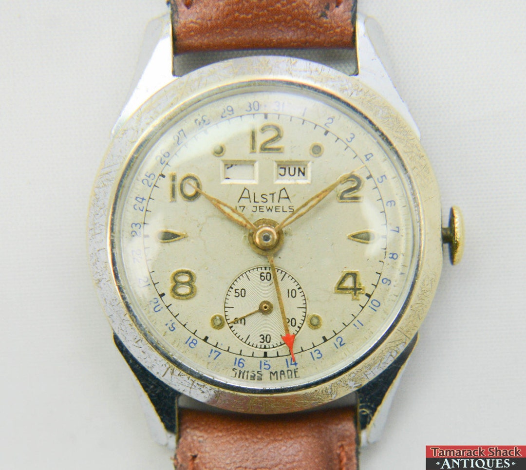 1940s-50s Alsta Triple Date Swiss Venus 204 Wrist Watch Runs for Repair ...