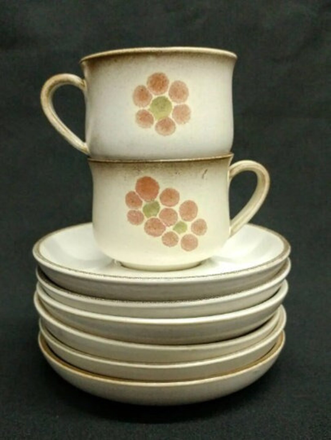 Denby Stoneware Cup and Saucer Set 2 Cups, 6 Saucers Gypsy Pattern Pink ...
