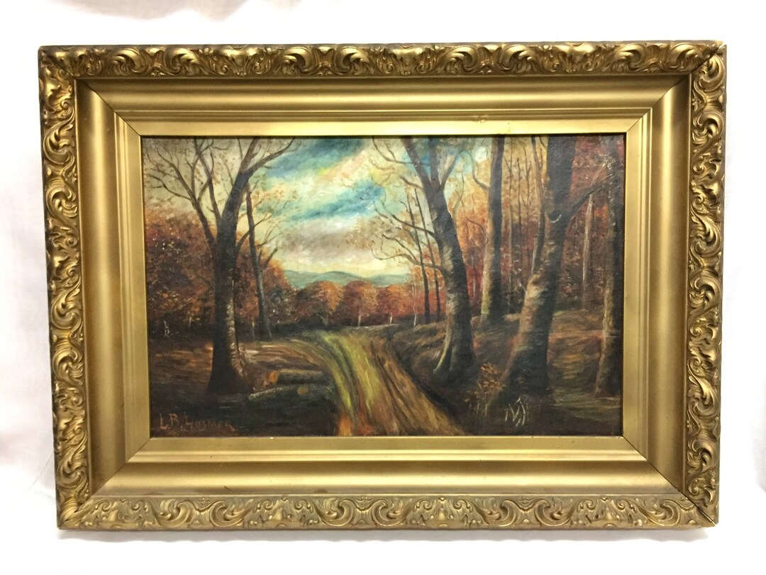 19thc Victorian "fall Logging Road" Oil Painting Ornate Gesso Frame ...