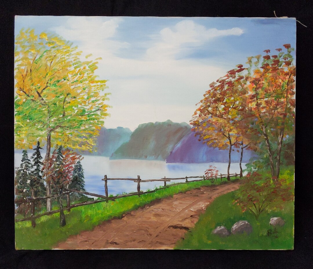 Vintage Oil Painting by Rita Rozzi | Country Road Near the Lake in the ...