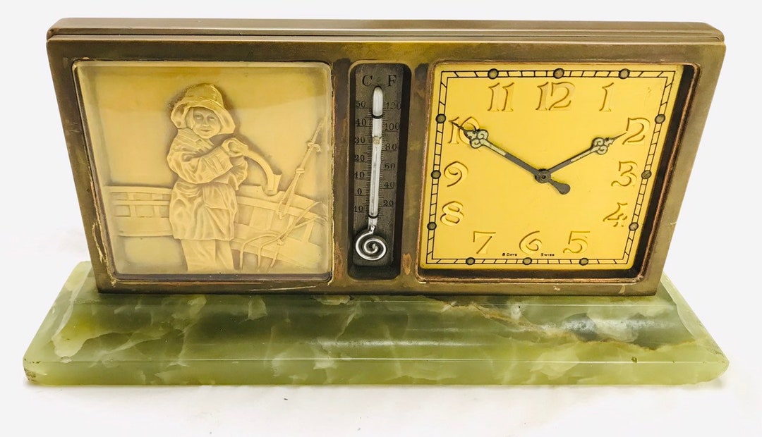 VTG Green Marble Base Dual Time Zone Banker's Clock 8 Day Brass Mariner ...