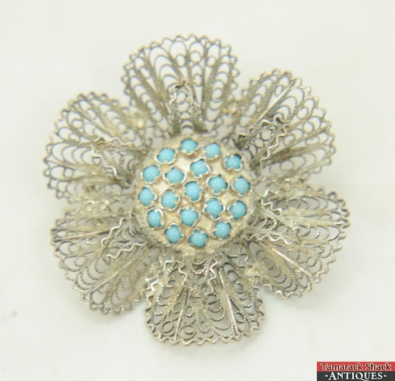 Vintage Pure Silver 1000 Fine Filligree Flower Blue T… - Gem Vintage Pure Silver 1000 Fine Filligree Flower Blue T… - Gem