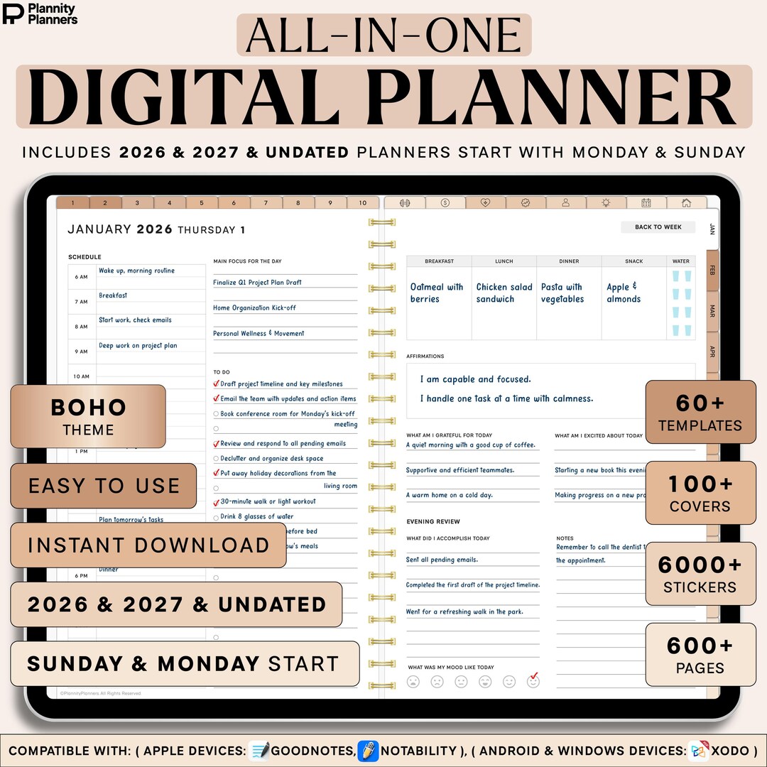 All-in-one Digital Planner 2026 2027 Undated, Hyperlink Digital Planner ...