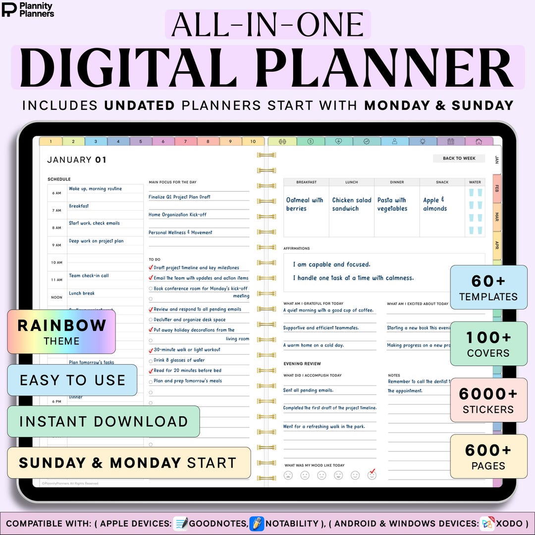 Rainbow Theme Undated Digital Planner PDF: Hyperlinked Daily Weekly ...