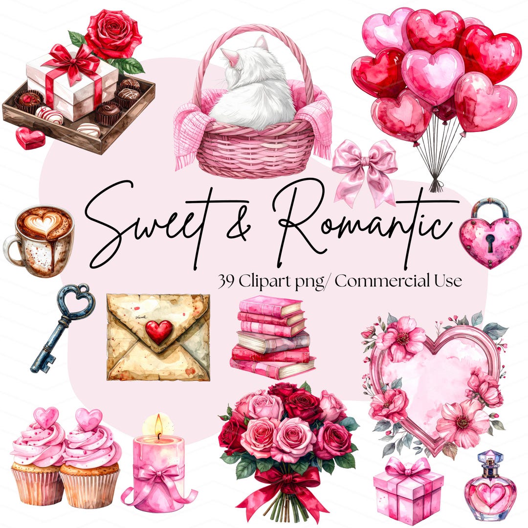 Sweet & Romantic Love Clipart Set | 39 PNG | Valentine, Wedding ...
