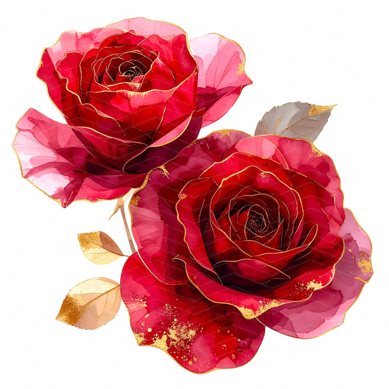 Abstract Red & Gold Rose Clipart Set, Luxury Floral PNG JPG, Watercolor ...