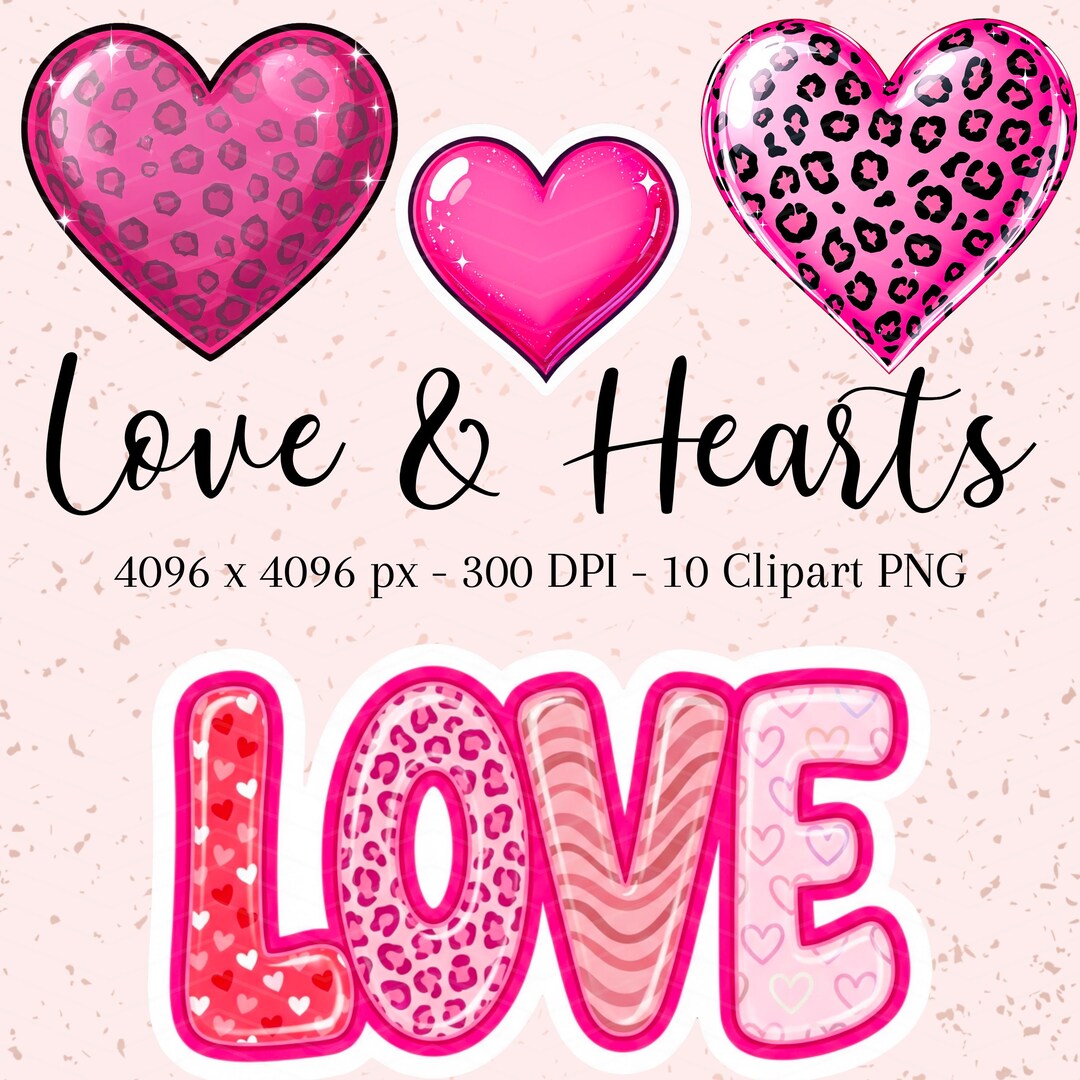 10 LOVE & Hearts Glossy Clipart Bundle: Pink Romantic Pngs Valentine ...